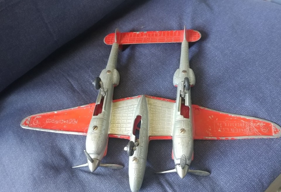 Vtg Hubley Toy Airplane Lockheed Cast Fold Down Wheels Double engine ...