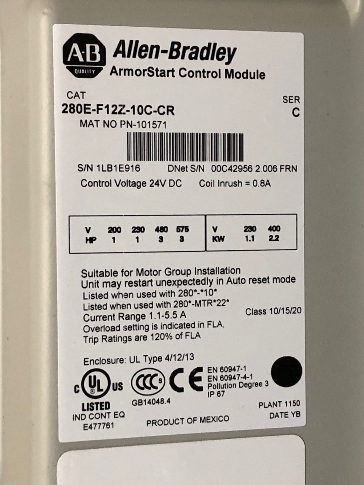 NEW! ALLEN-BRADLEY ARMORSTART ETHERNET COMBINATION STARTER 280E-F12Z ...