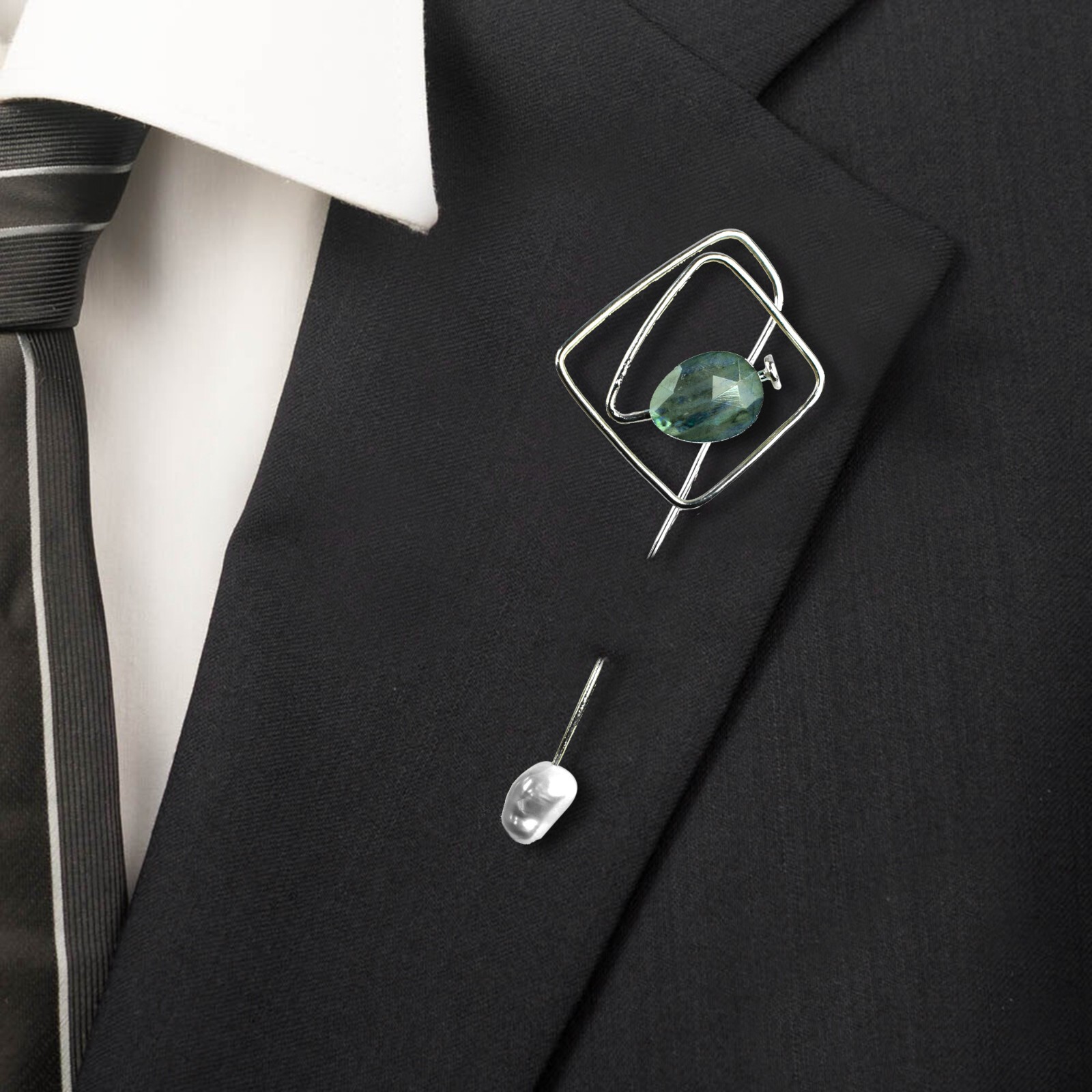 Natural Fire Labradorite & White Pearl Lapel Pin Stylish Men's Suit ...