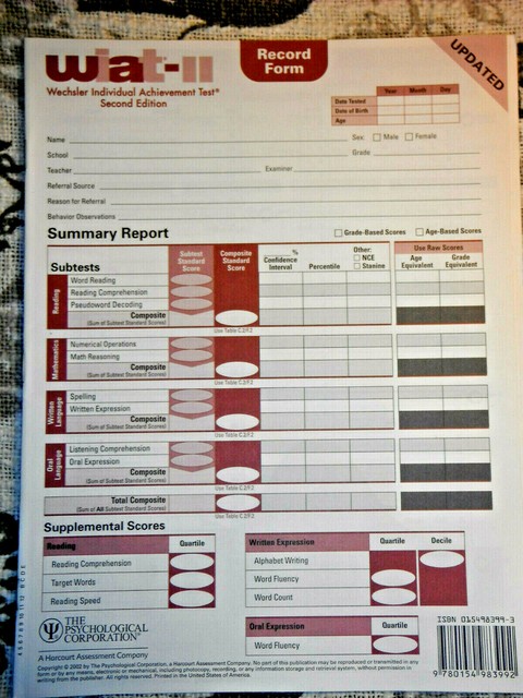 Wiat-ii Wechsler Individual Achievement Test 2nd Edition Record Form ...