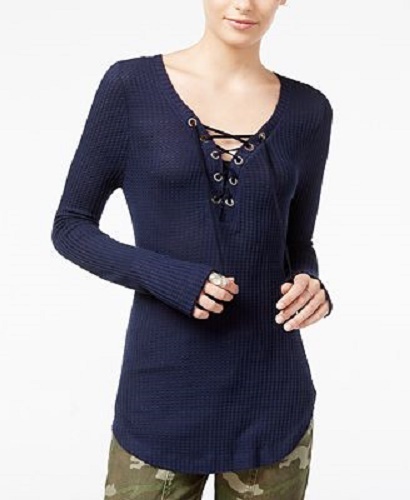 WILLIAM RAST Dress Blues Gordon Revival Stretch Waffle Knit Lace-Up Top ...