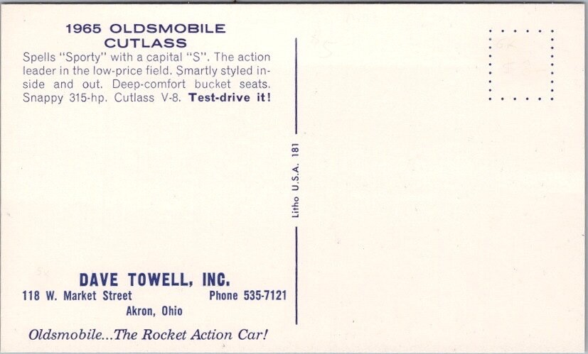 1965 OLDSMOBILE CUTLASS CONVERTIBLE Car Adv. Postcard "Dave Towell ...