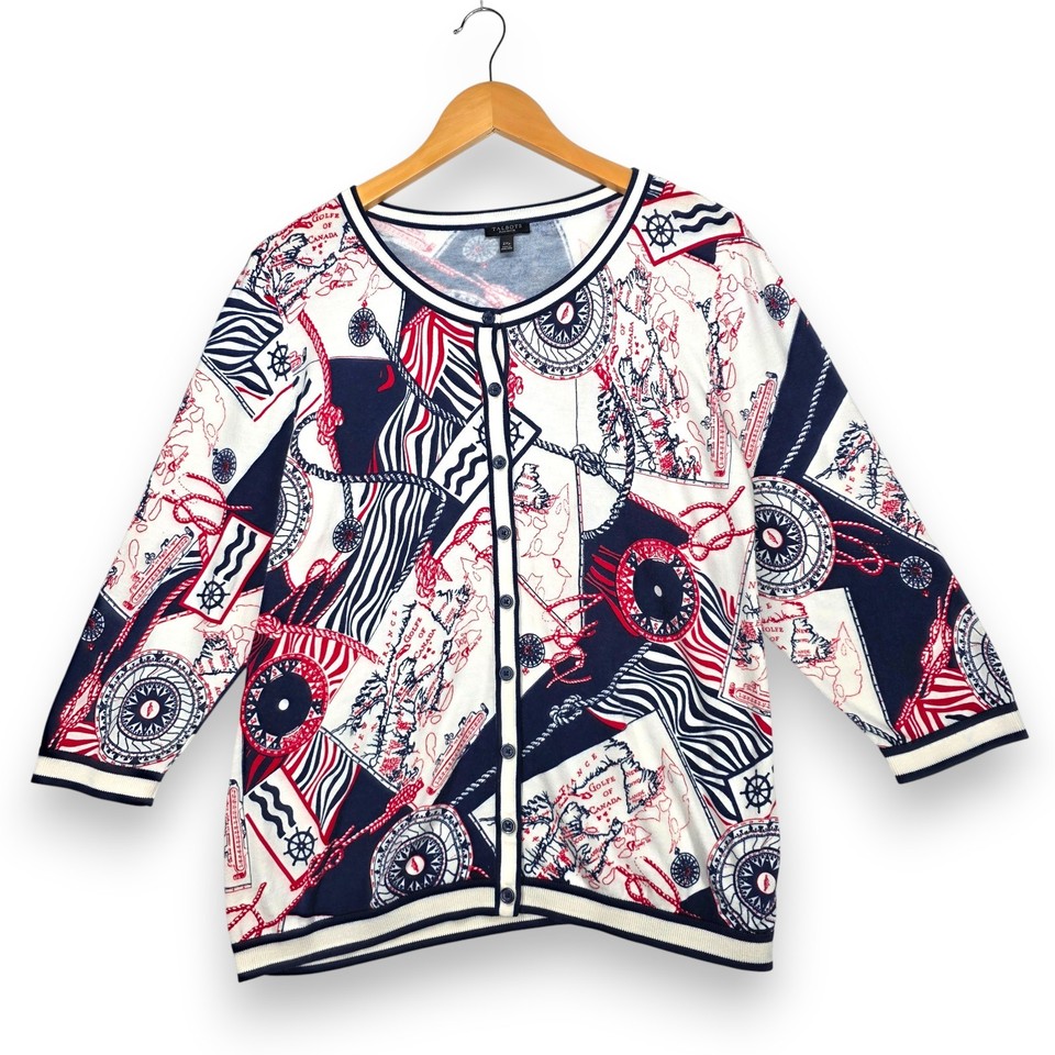 Talbots Plus Petite 2XP Sea Maps Nautical Cardigan Sweater White Red ...