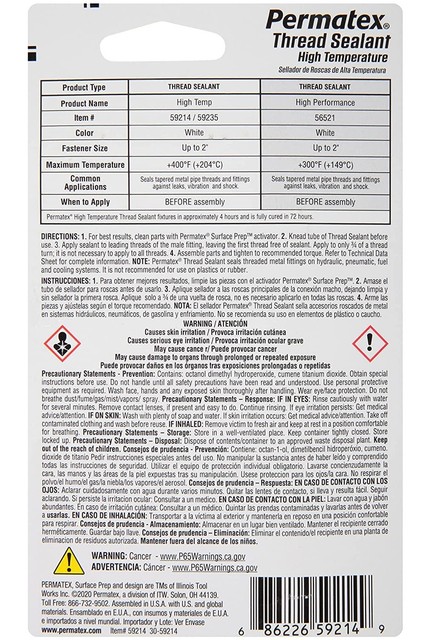 Permatex High Temperature Thread Sealant 6ml Tube 59214 for sale online ...