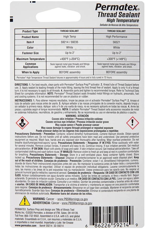 Permatex High Temperature Thread Sealant -65 to 400F White 6ml Tube Set ...