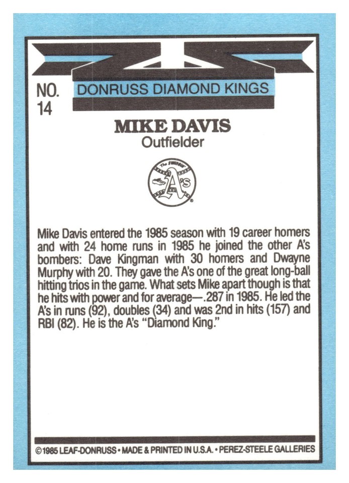 1986 Donruss #14 Mike Davis Oakland Athletics DK Baseball EX/NM | eBay