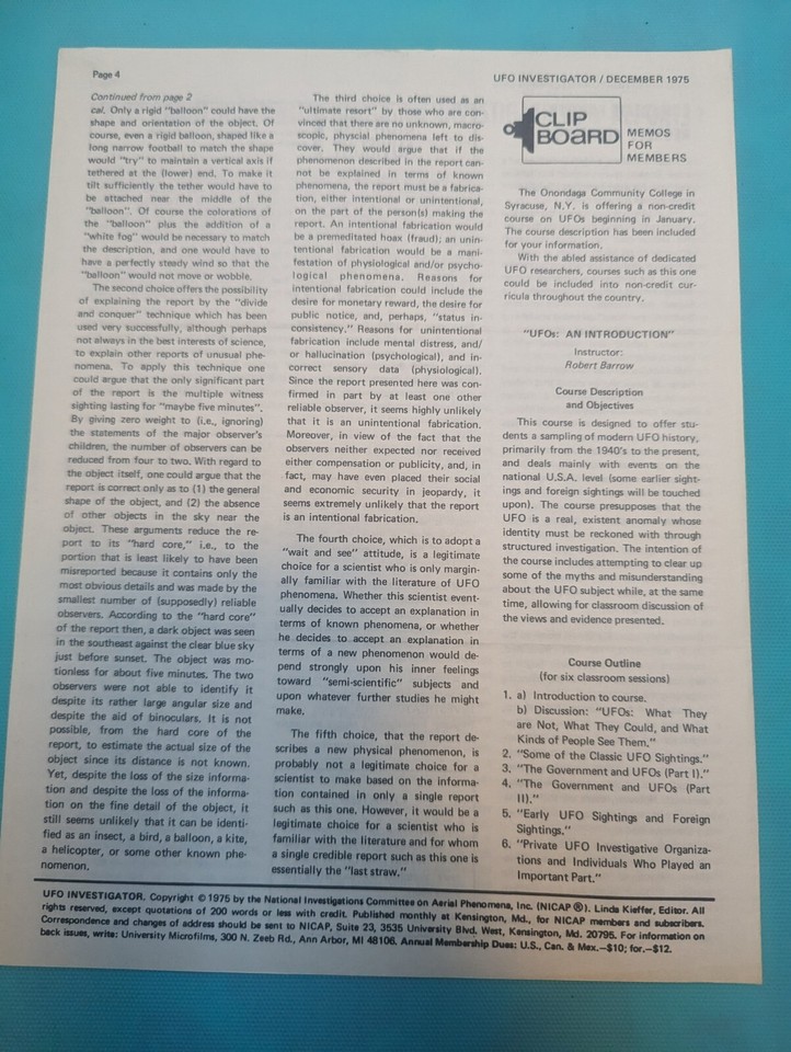 The UFO Investigator December 1975 NICAP Police sight UFOs north to ...