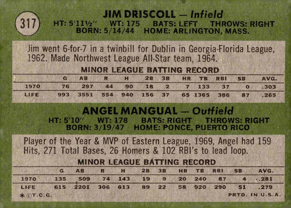 1971 Topps Athletics Rookie Stars (Jim Driscoll / Angel Mangual) #317 ...