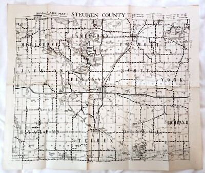 1940s Steuben County, Indiana, foldout road map; Angola, Ashley ...