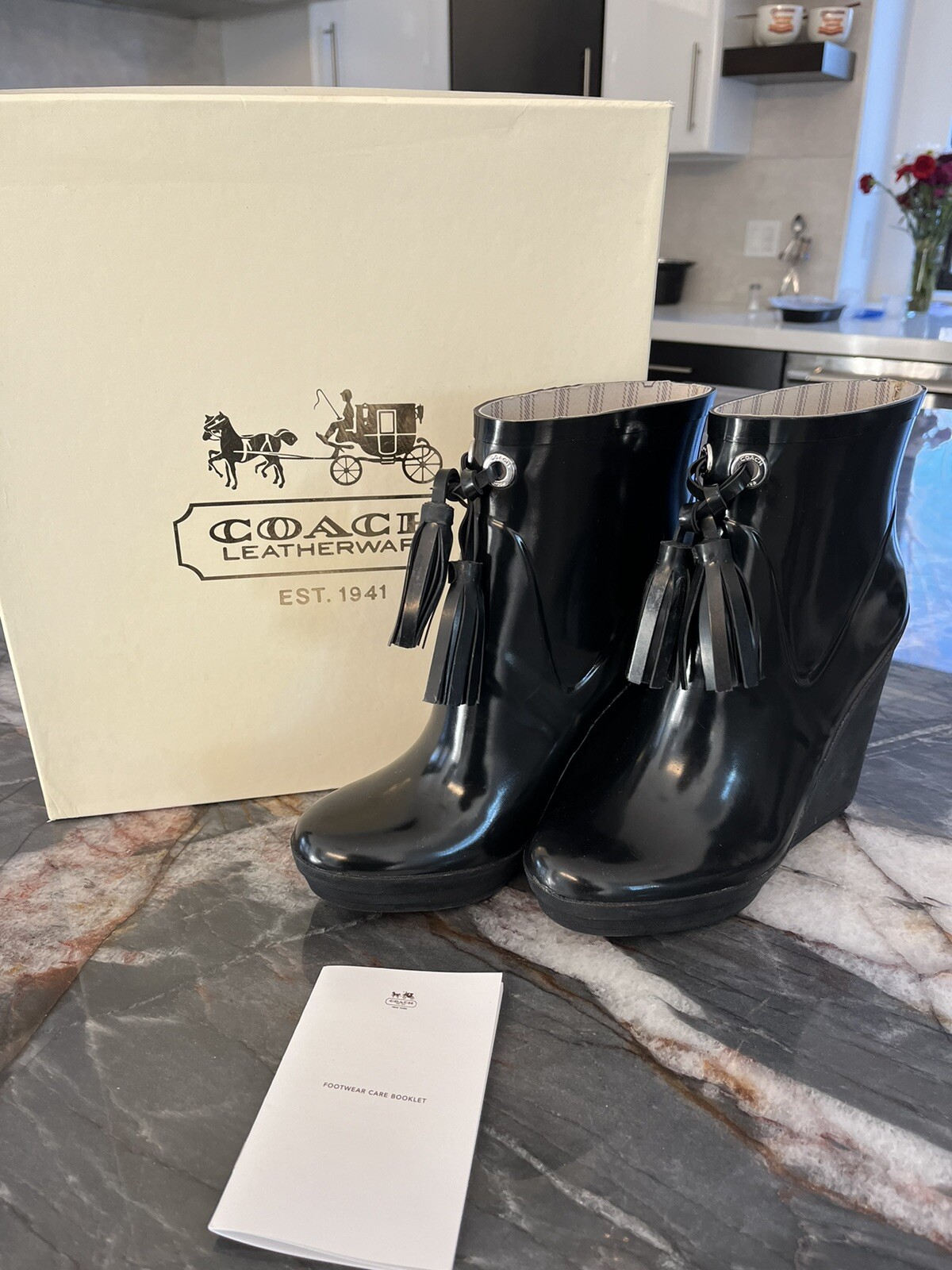 Coach Bina Shiny Rubber Black Wedge Rainboot 9B (worn… - Gem