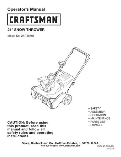 Owner’s Manual Sears Craftsman 21” Snow Thrower/Blower -Model 247.88705 ...