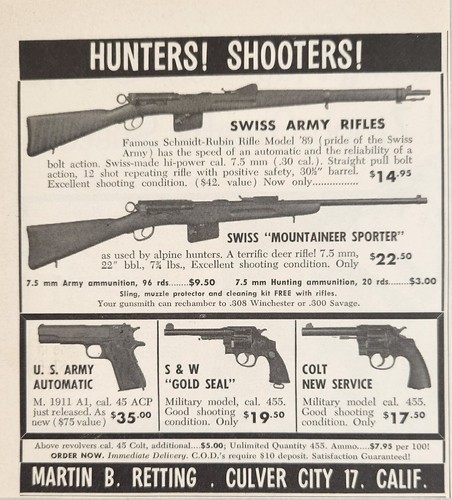 1955 Print Ad Swiss Army Rifles,1911,S&W & Colt Pistols Retting Culver ...