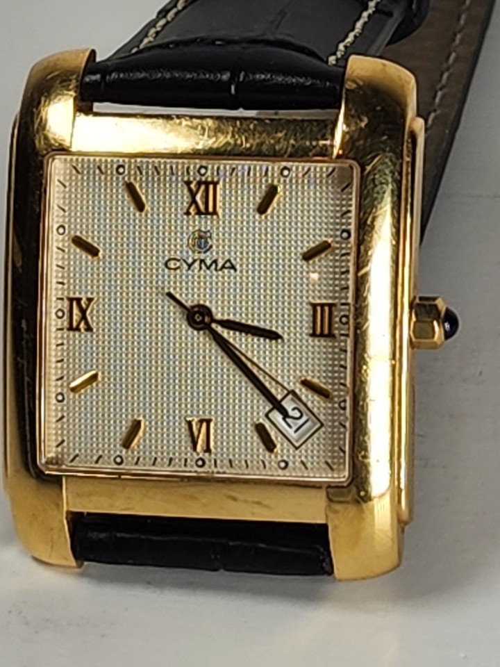 Cyma Men's 14k Solid Gold Rectangular Tank Watch & Date Display Superb ...