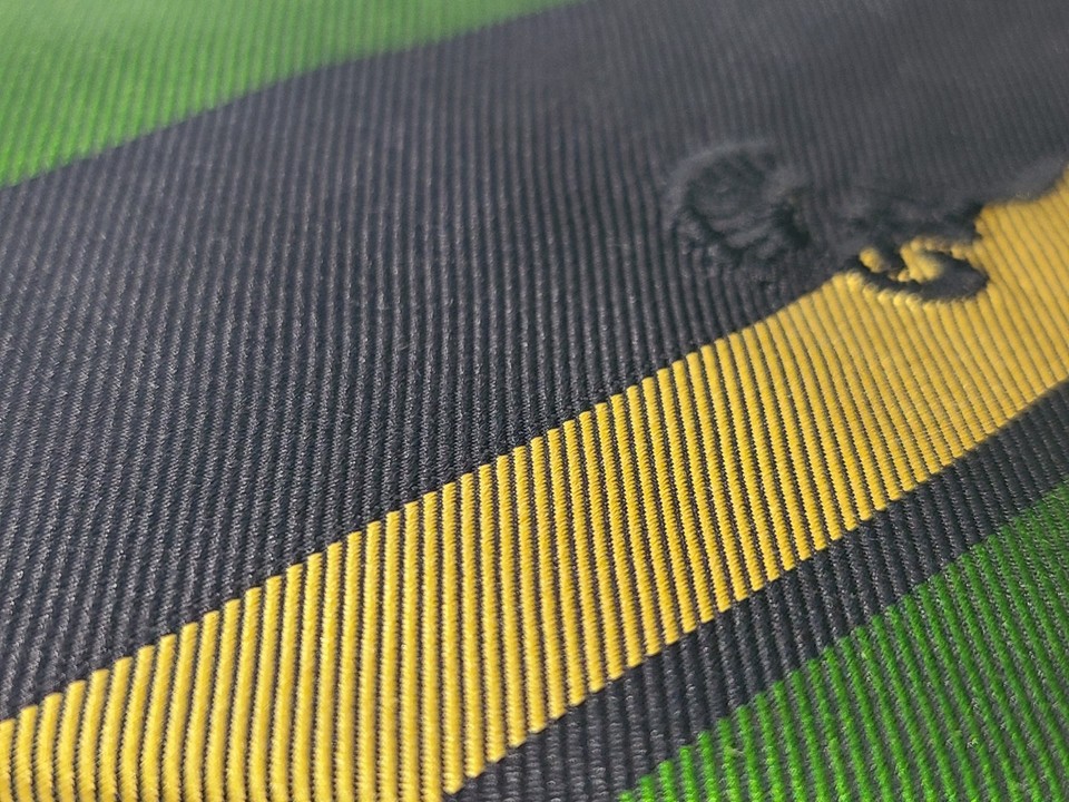 Countess Mara Men's Neck Tie VTG front Logo Green Yellow dk Navy Stripe ...