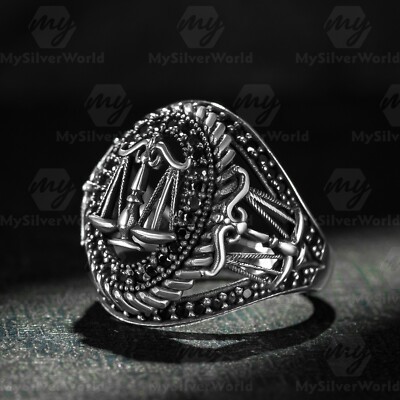 925 Sterling Silver Black Micro Stone Scales of Justice Men's Ring | eBay