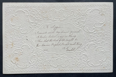 EARLY VICTORIAN GREETING CARD HAND WRITTEN MESSAGE VERSE 1855 EMBOSSED ...