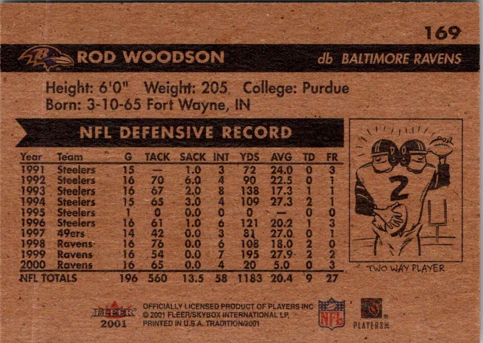 2001 Fleer Tradition Glossy Rod Woodson #169 Baltimore Ravens Football ...