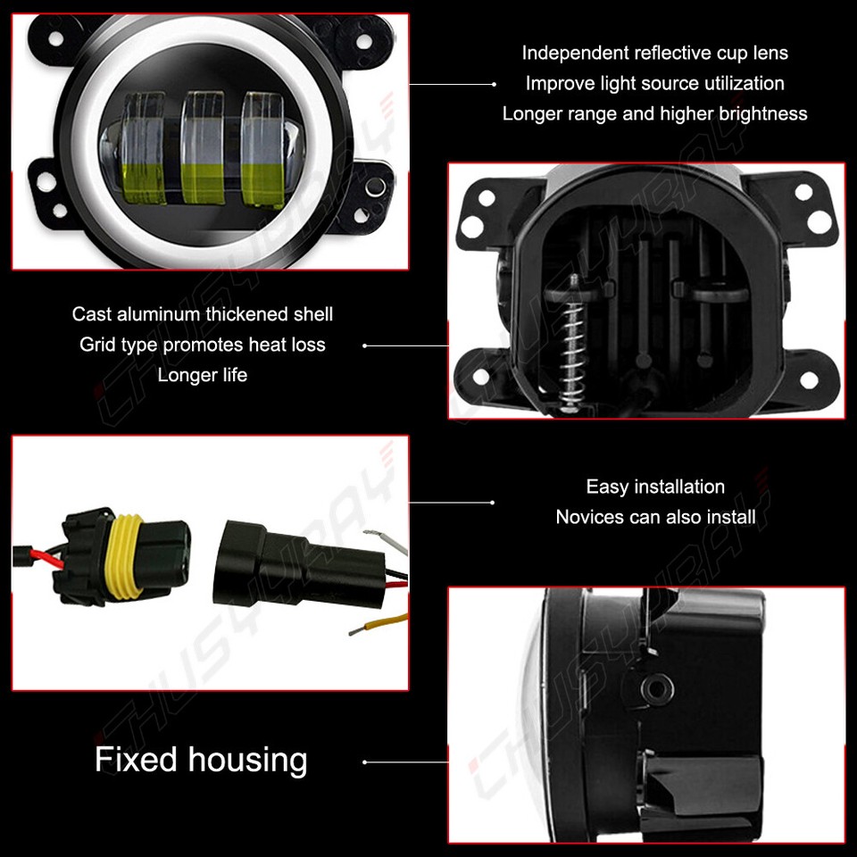 2PCS 4" Inch Round LED Fog Lights Driving Lamps Halo for Jeep Wrangler ...