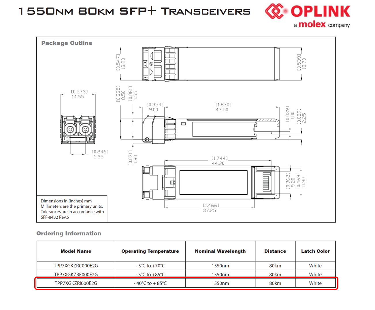 Molex 10GBASE-ZR SFP+ Transceiver, 1550nm SMF, 80km SM 10G 10GigE ...