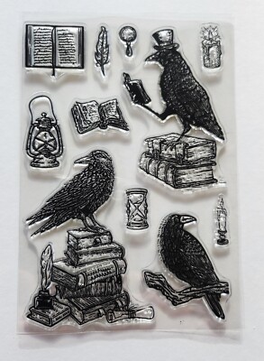 Reading Crows, ravens with books rubber stamp set 4x6" | eBay