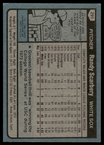 1980 Topps #291 Randy Scarbery Chicago White Sox Rookie | eBay