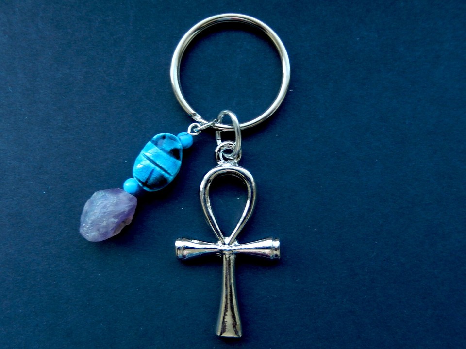 Egyptian Ancient Reproduction Key Chains - Large Shiny Ankh/ Scarab ...