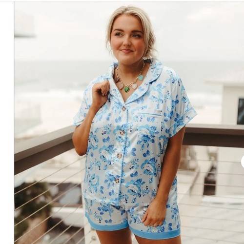 Simply Southern Blue Floral Satin Pajama Set Women's Size L Button Up ...