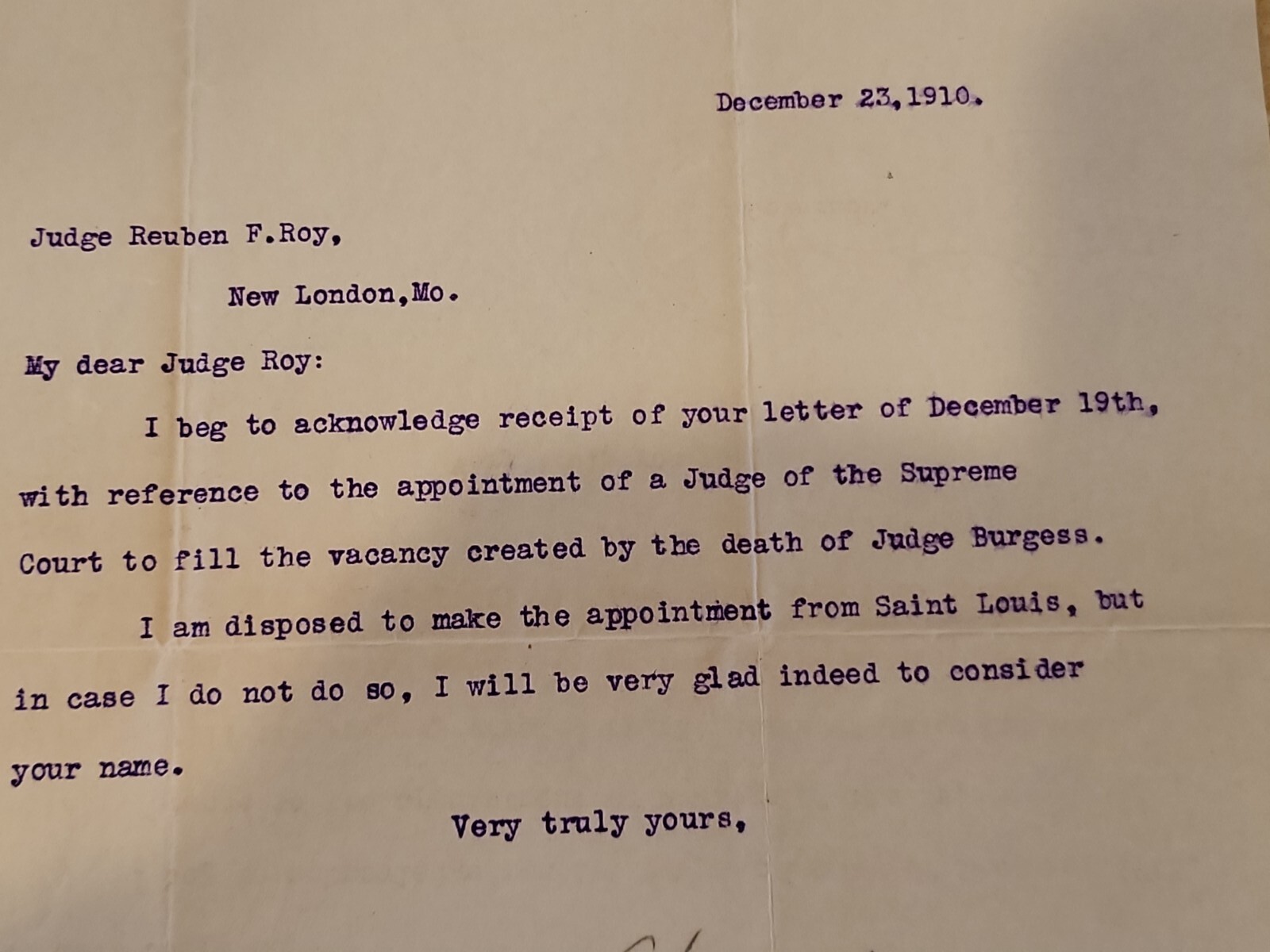 Missouri Governor Herbert Spencer Hadley signed letter 1910. Judge apt ...