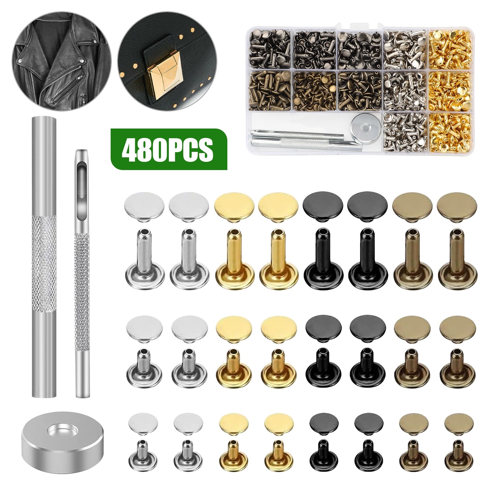 240 Set DIY Leather Rivet Double Cap Tubular Metal Stud Tool Kit 4 ...