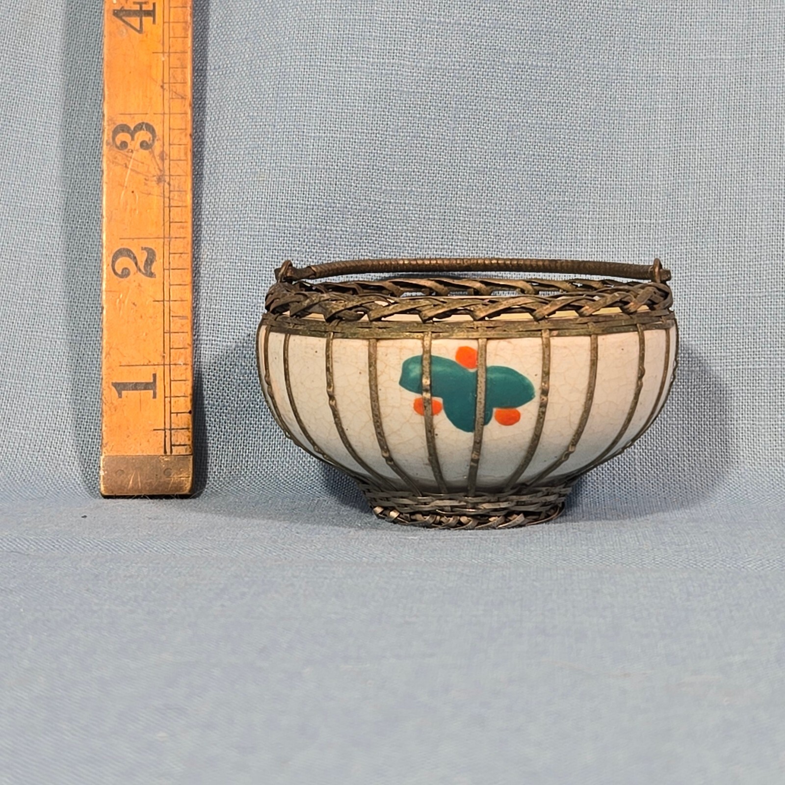 Japanese Awaji Pottery Floral Bowl Basket Woven Silver Overlay Wire ...
