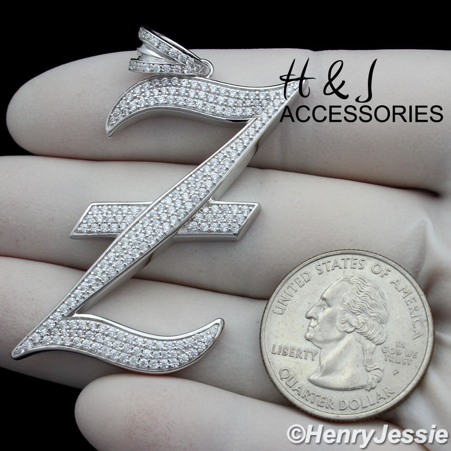 MEN 925 STERLING SILVER ICY BLING CZ INITIAL LETTER "Z" CHARM PENDANT ...