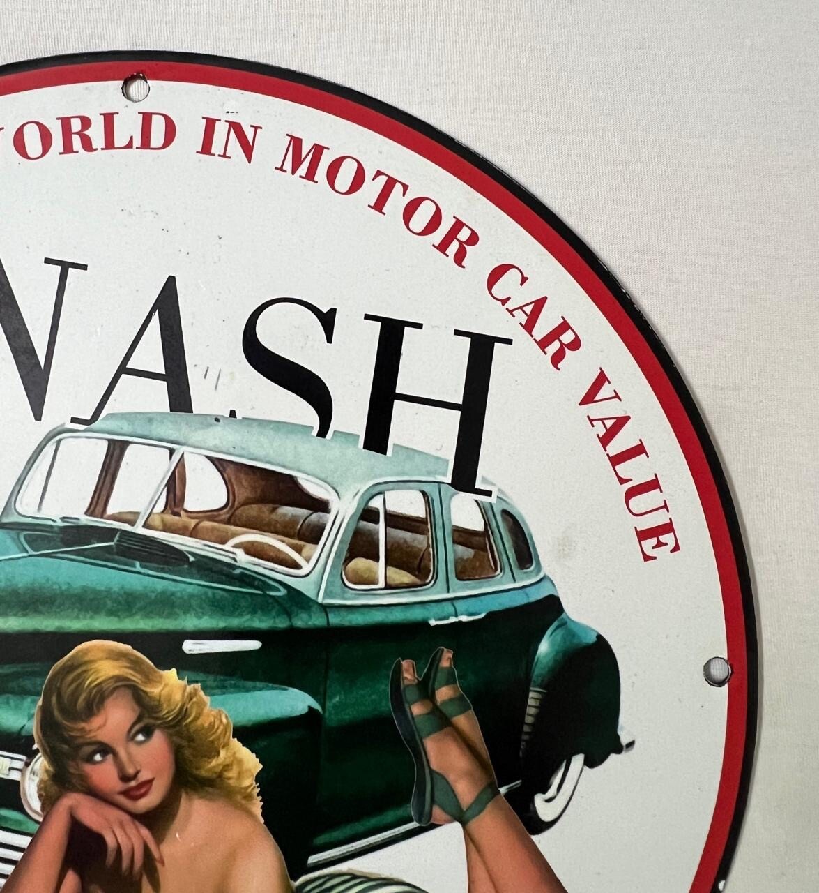 CLASSIC NASH MOTOR CARS GARAGE OIL GAS PUMP GIRL PINUP PORCELAIN ENAMEL ...