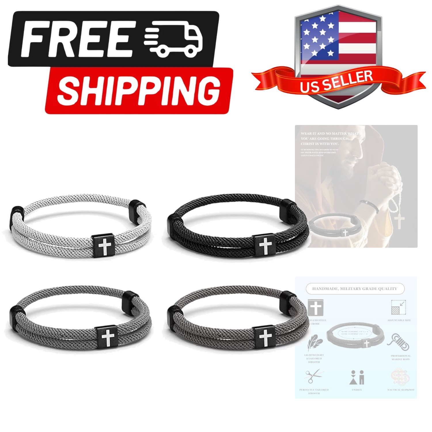 4Pcs WWJD Bracelets, Cross Bracelet for Men, Adjustable Braided ...