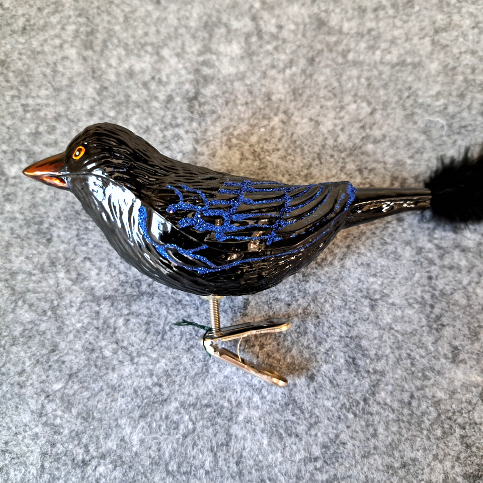 OWC Glass Clip On Black Bird Real Feathers Christmas Ornament | eBay