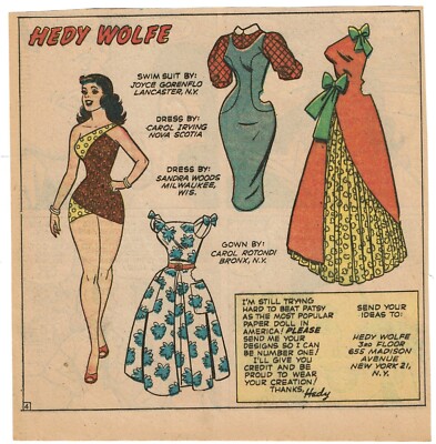 Hedy Wolfe Uncut Paper Doll From Newspaper - 1958 | eBay