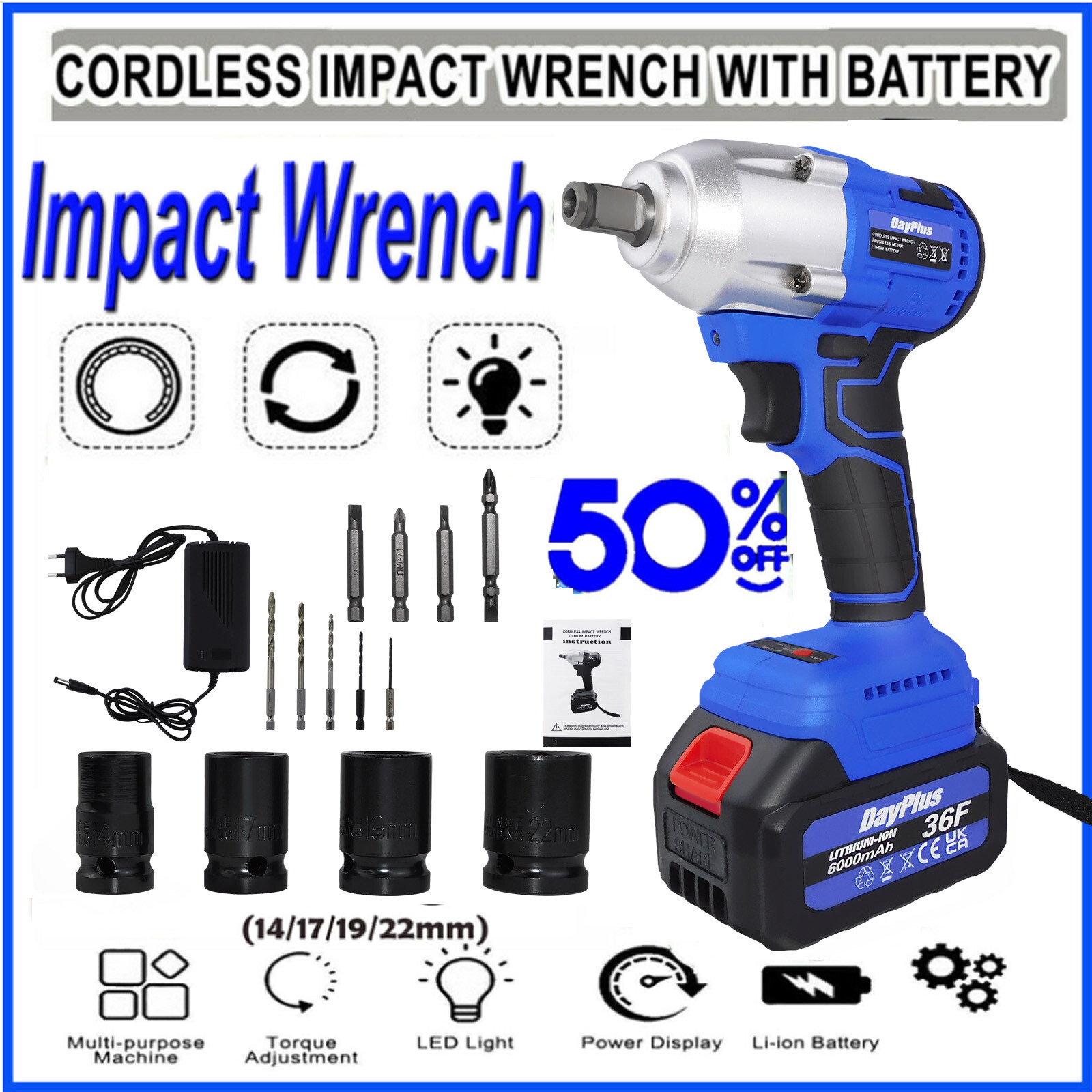 Workshop Impact Cordless Wrench Electric Rachet Nut Gun 4 Sockets + 2 ...