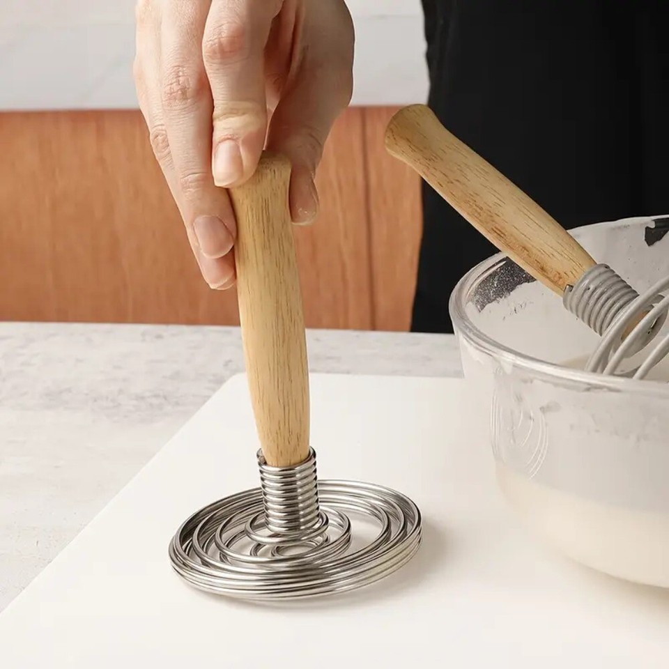 Stainless Steel Spiral Egg Beater Wood Handle Egg Mixer Spring Egg ...