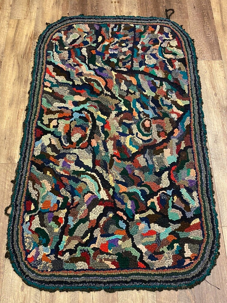 ANTIQUE PRIMITIVE FOLK ART Hand Hooked Rug on Burlap FARM HOUSE or ...