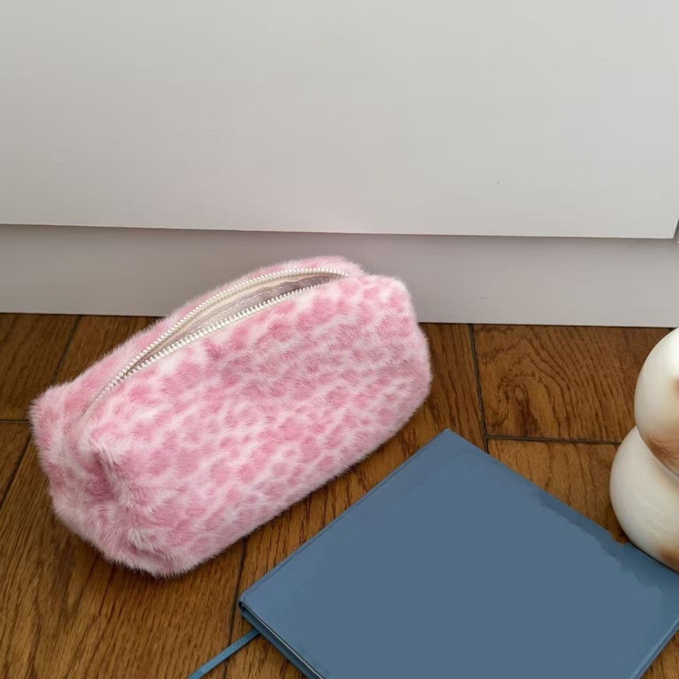 Leopard Print Pen Bag Plush Stationery Pouch Makeup Bag Students Gift ...