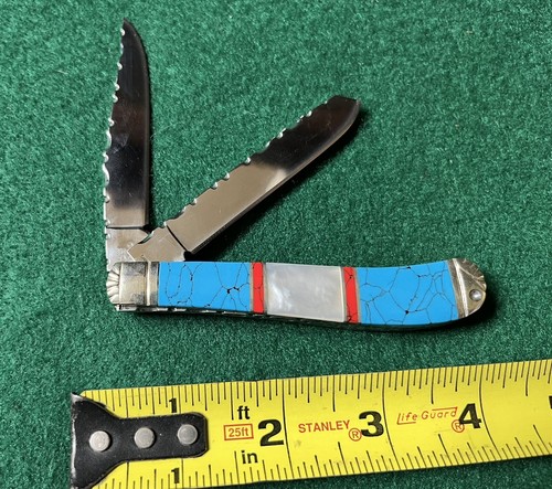 Schrade Uncle Henry 2 Blade Trapper File work MOP Turquoise Coral MIB ...