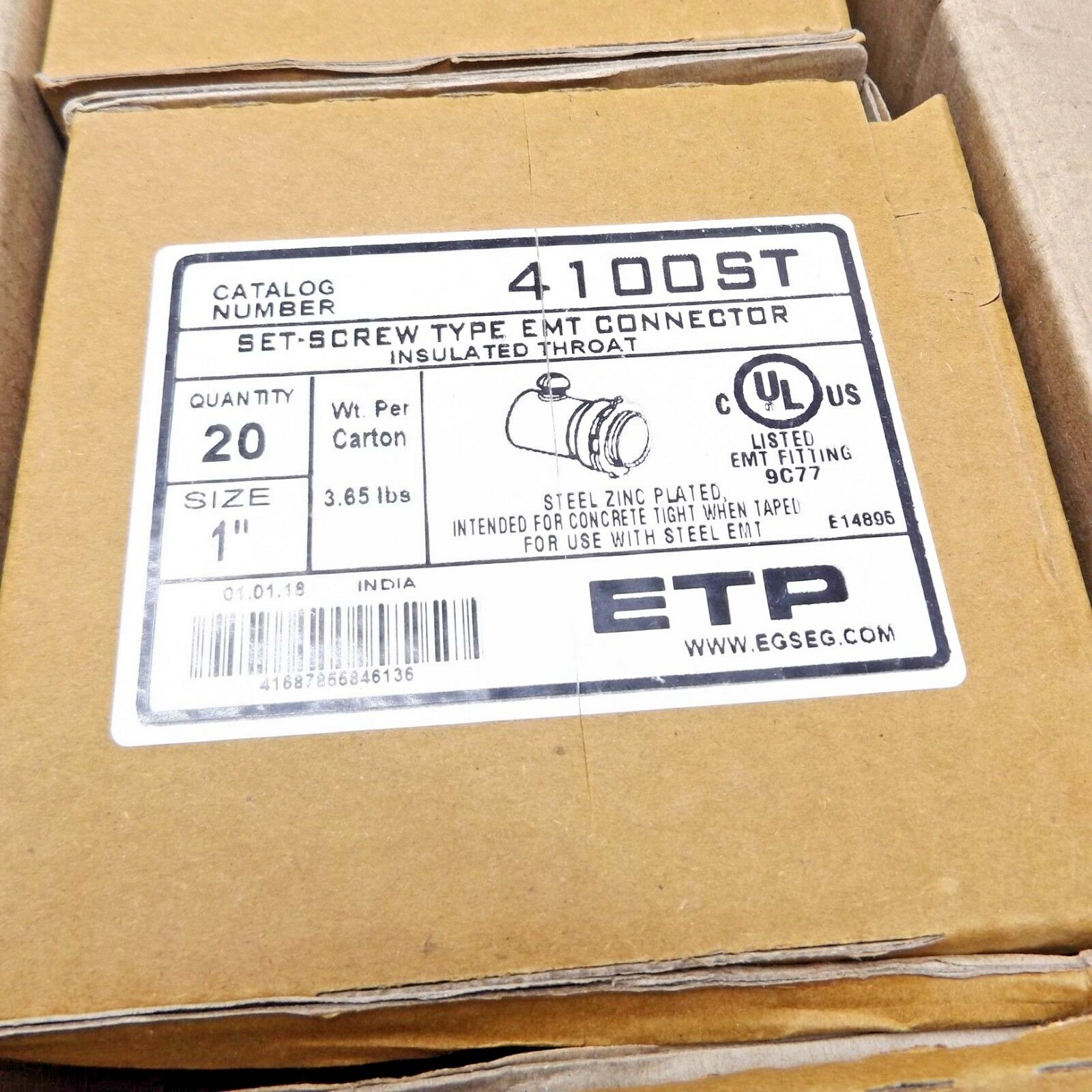 5 Boxes Of 20 = 100 ETP 4100ST 1" Set Screw Type EMT Connector ...
