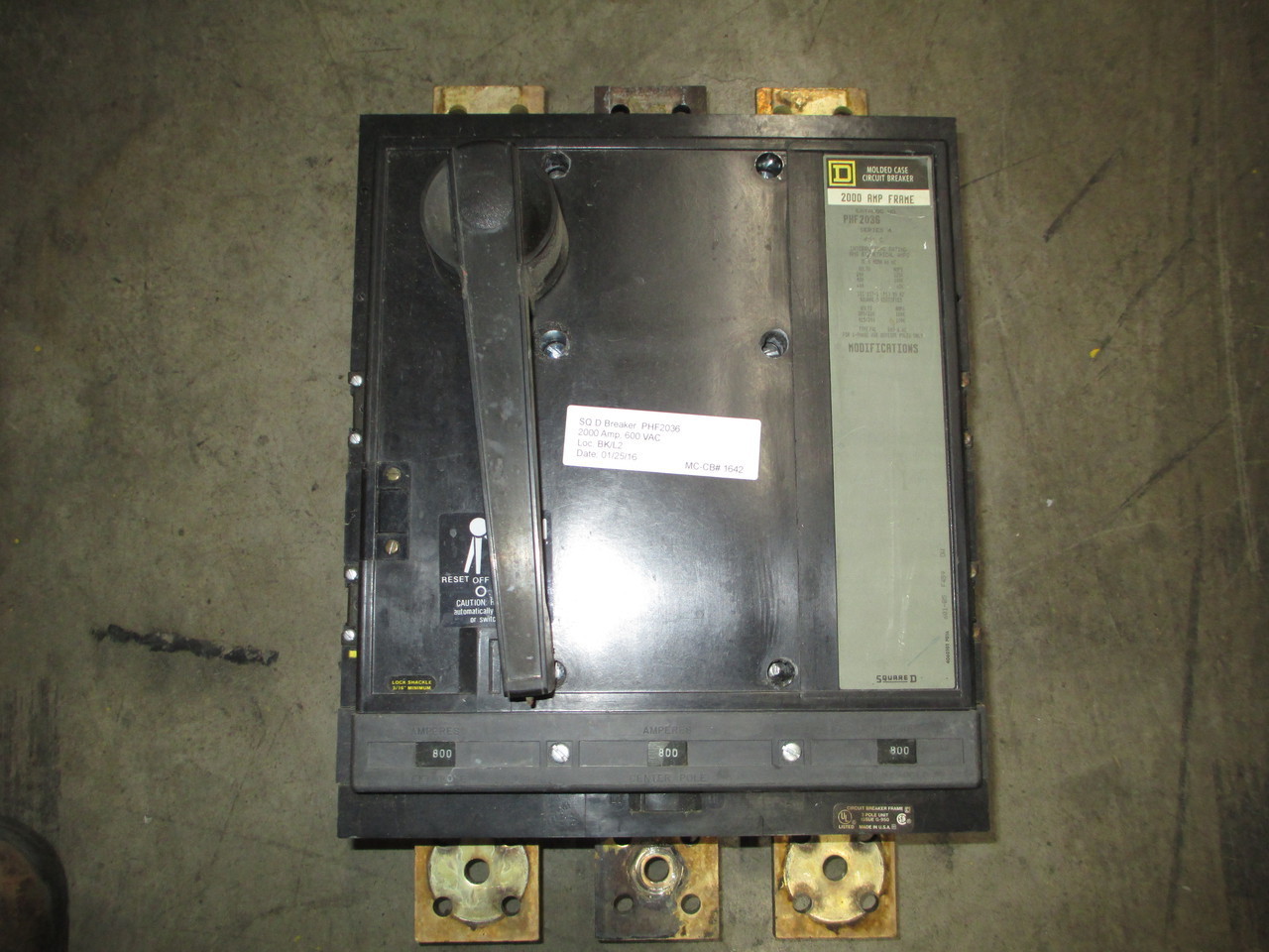 Sq D PHF2036 2000A Frame 800A Rated 3P 600V Circuit Breaker MO/FM Used ...