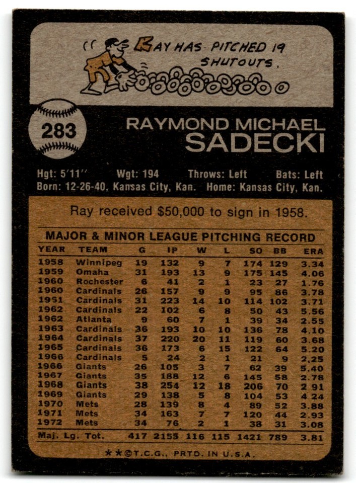 1973 Topps Ray Sadecki New York Mets #283 | eBay