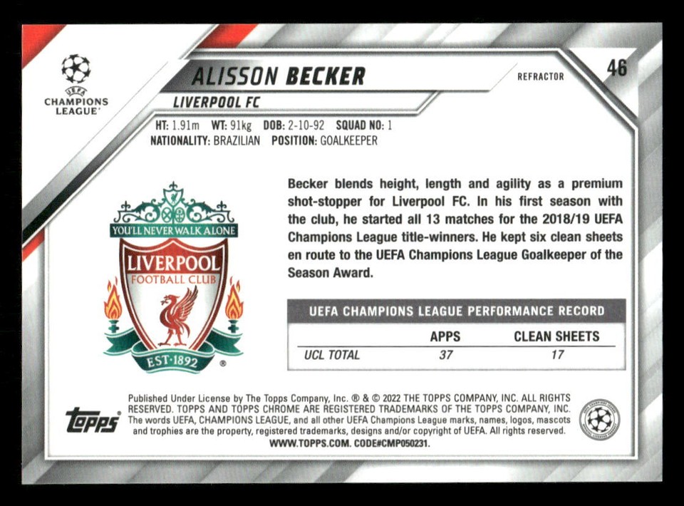 2021-22 Topps Chrome UEFA Champions League Alisson Becker Refractor #46 ...