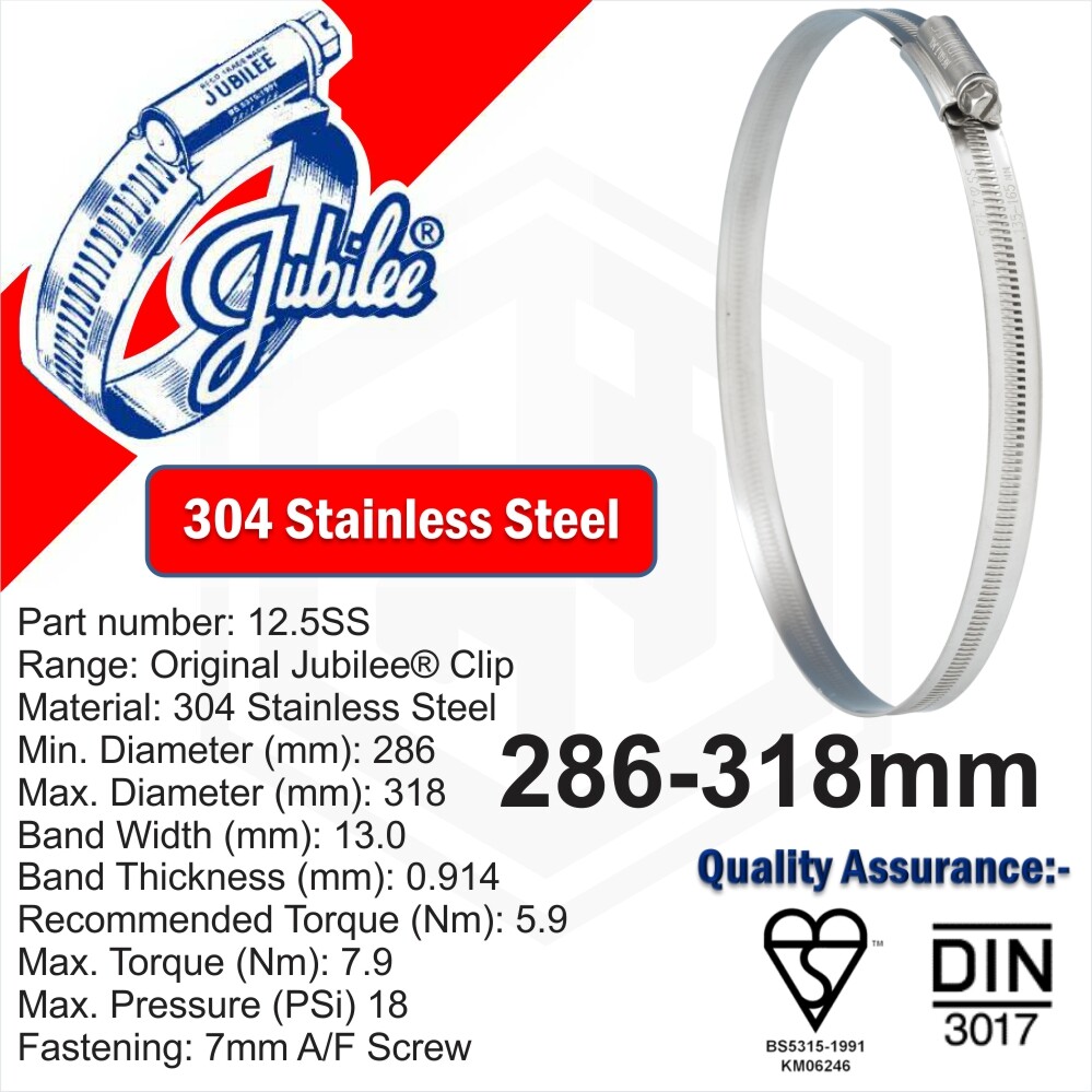 Genuine Jubilee® 304SS Stainless Steel Hose Clips Clamps Worm Drive All ...