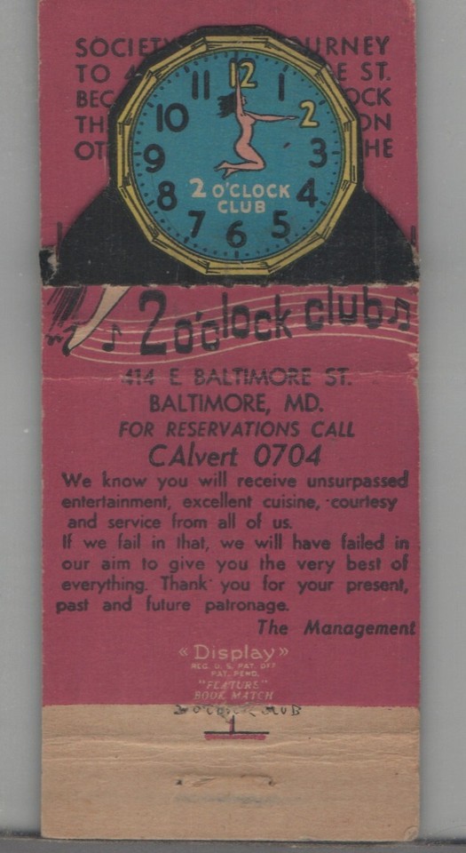 Vintage Matchbook Cover Display 2 O'clock Club Lavish Floor Show ...