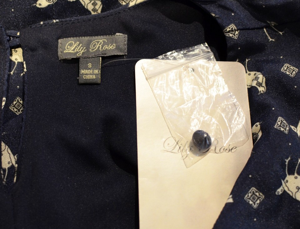 LILY ROSE size S Shirtdress Paisley Bird Pattern Navy Blue Roll-Tab ...
