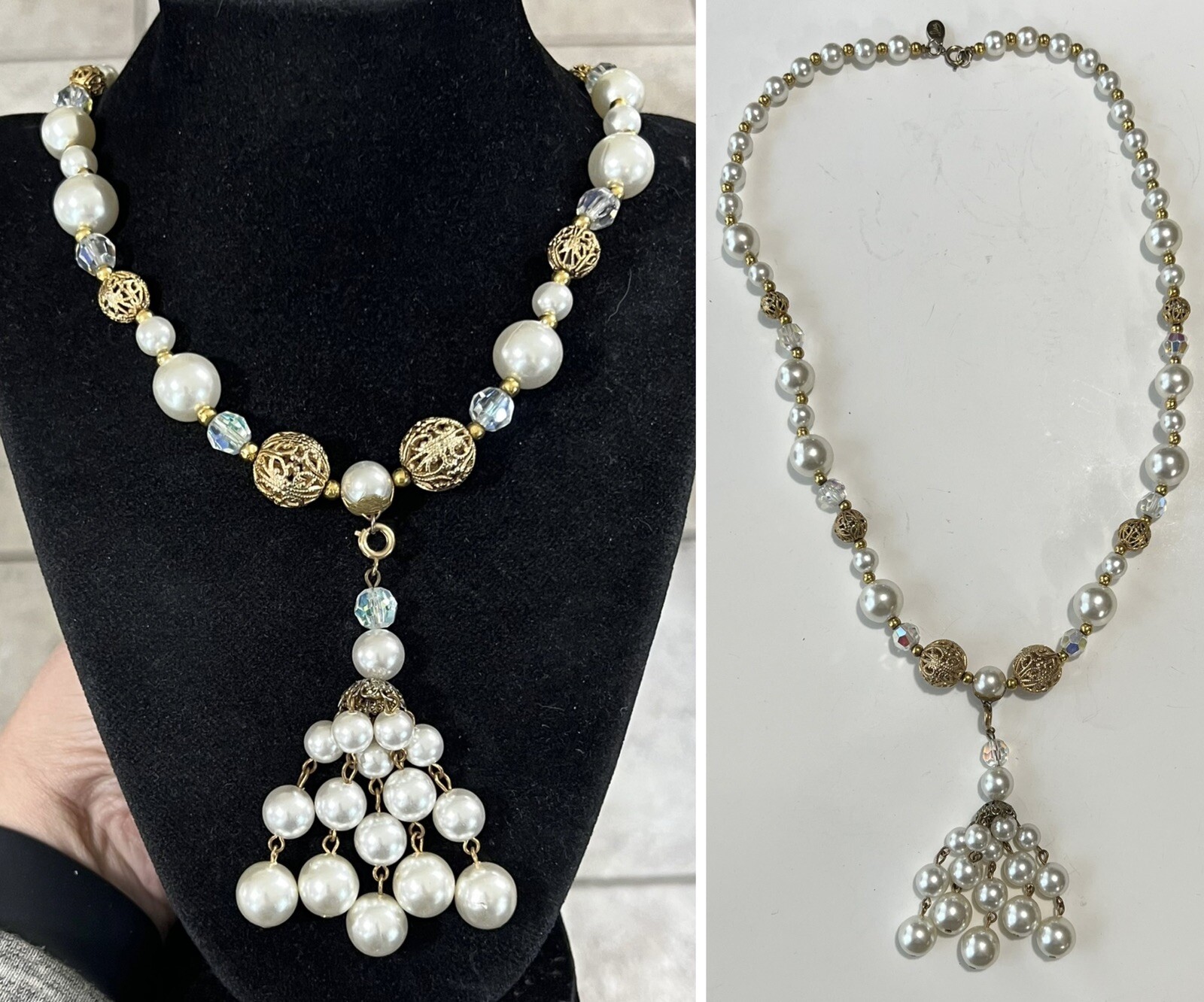 1960s Lisa Jewels Co Glass Pearl Crystal Bead Filigre… - Gem