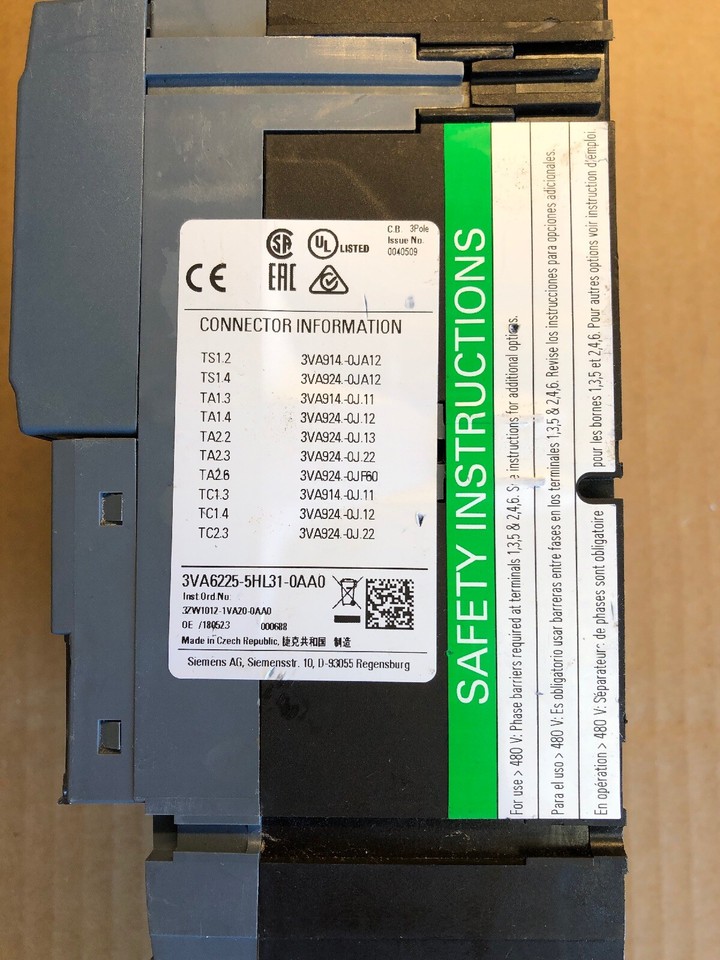 SIEMENS 3VA6 3VA6225-5hl31-0AA0 3 Pole 250 Amp Circuit Breaker New No ...