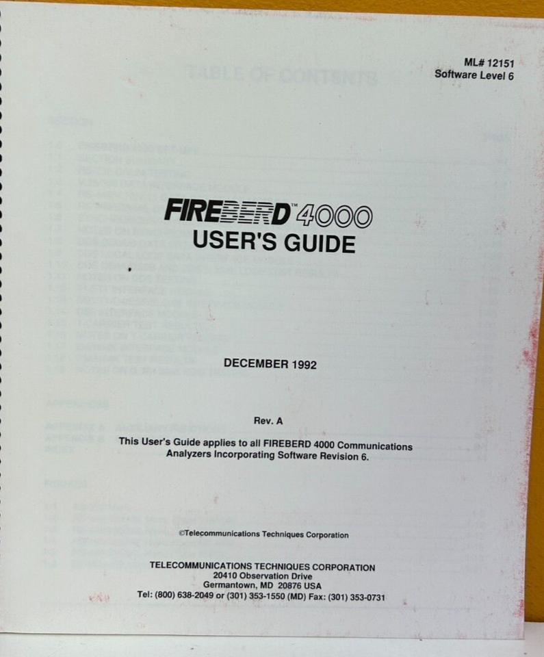 Telecommunications Techniques ML#12151 1992 Fireberd 4000 User's Guide ...